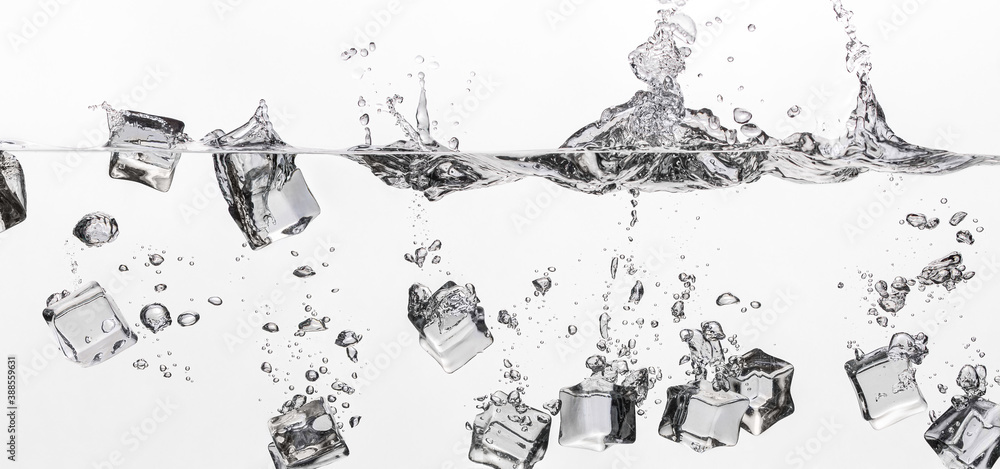 Falling ice cubes in water splashes isolated on white background. Ice ...