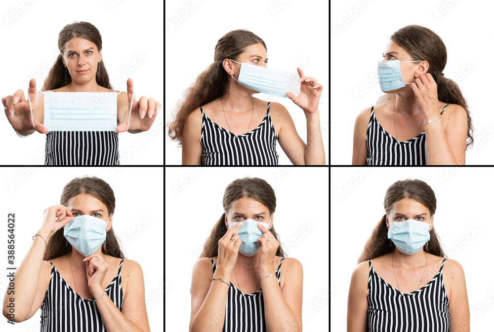 Tutorial how to wear medical mask correctly with female model Stock ...