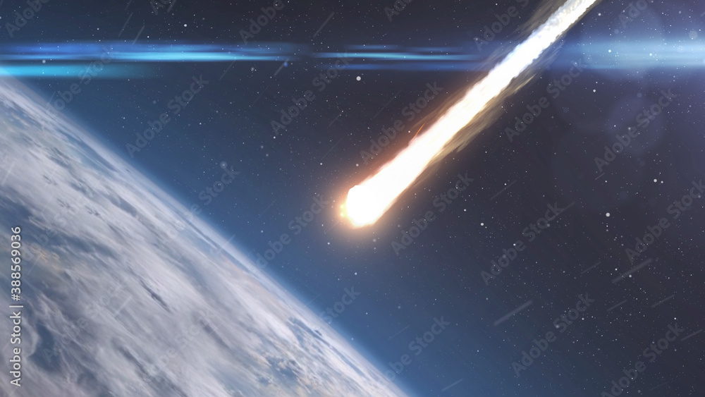 3d rendering, Asteroid meteor burns in atmosphere Earth, Realistic ...