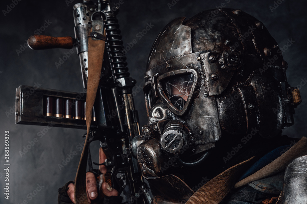 Headshot of ragged stalker in helmet with broken glass and custom ...