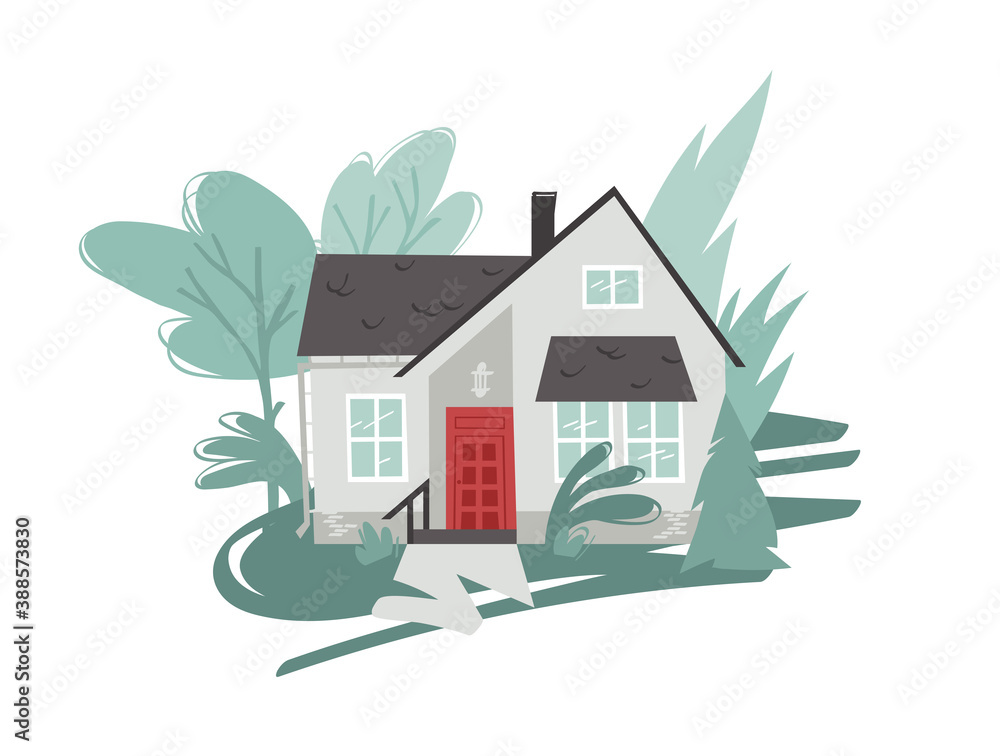Hand Drawn Cartoon House in Garden Background. Flat style illustration ...