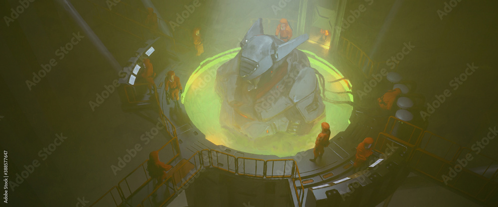 Painting of a futuristic secret underground laboratory with mech ...
