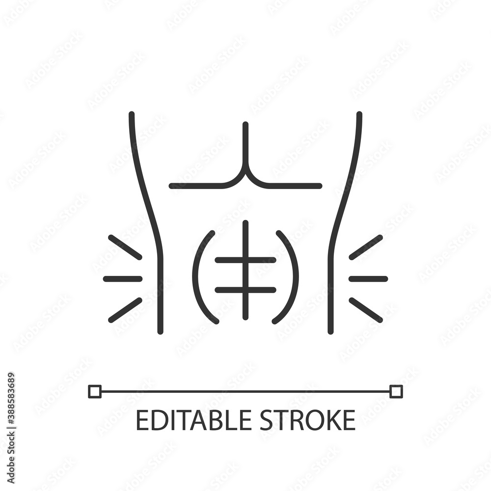 Abdominal muscle strain linear icon. Full rupture. Mild stretch ...