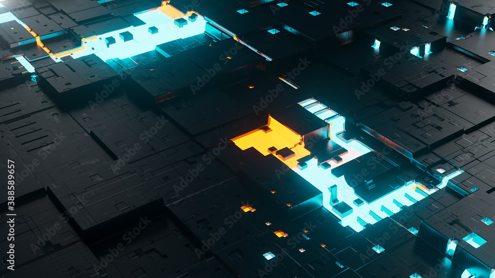 3d render of digital surface. Tech background. Glow segments. Details ...