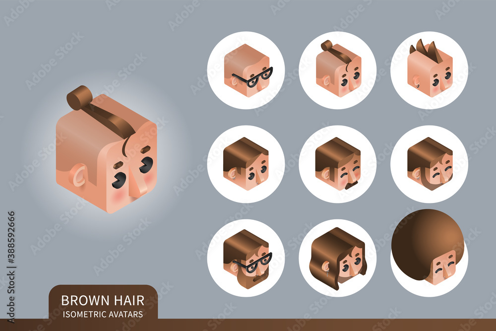 Flat isometric vector set. Avatars of men with brown hair. Different ...