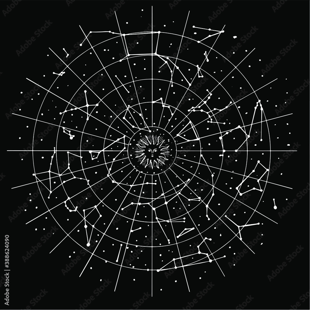 vector illustration, crystals and solar system, phases of the moon ...