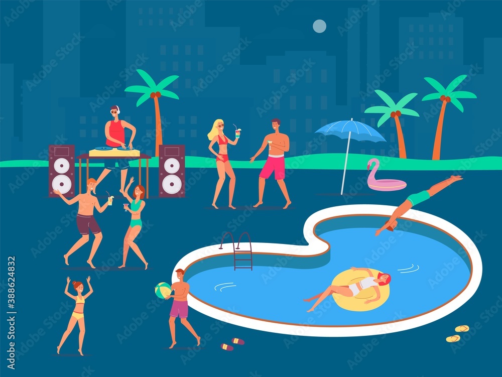 Night pool party background with dancing people flat vector ...