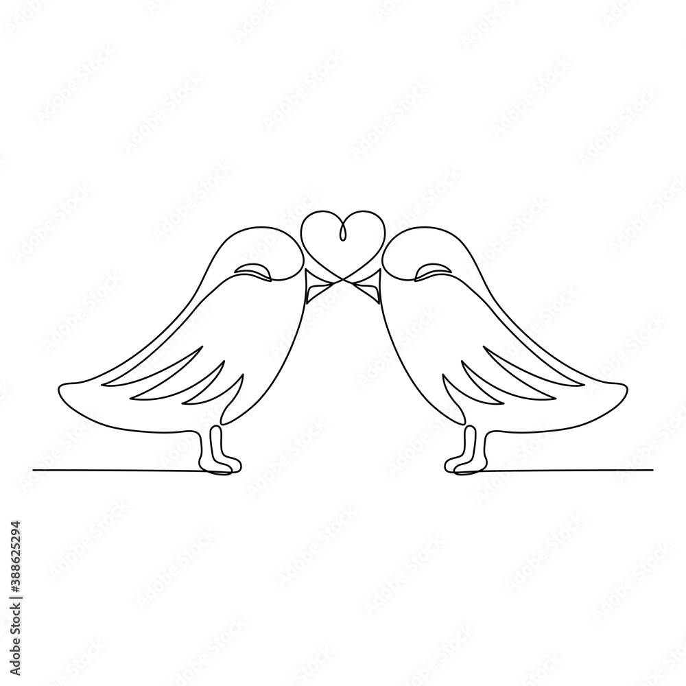 Continuous line drawing. Birds with heart. Two birds holding a heart in ...