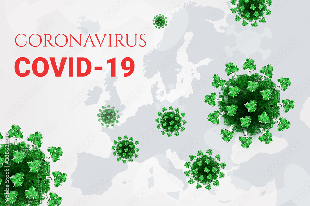Coronavirus on europe map. Green corona virus 3d model. Abstract covid ...