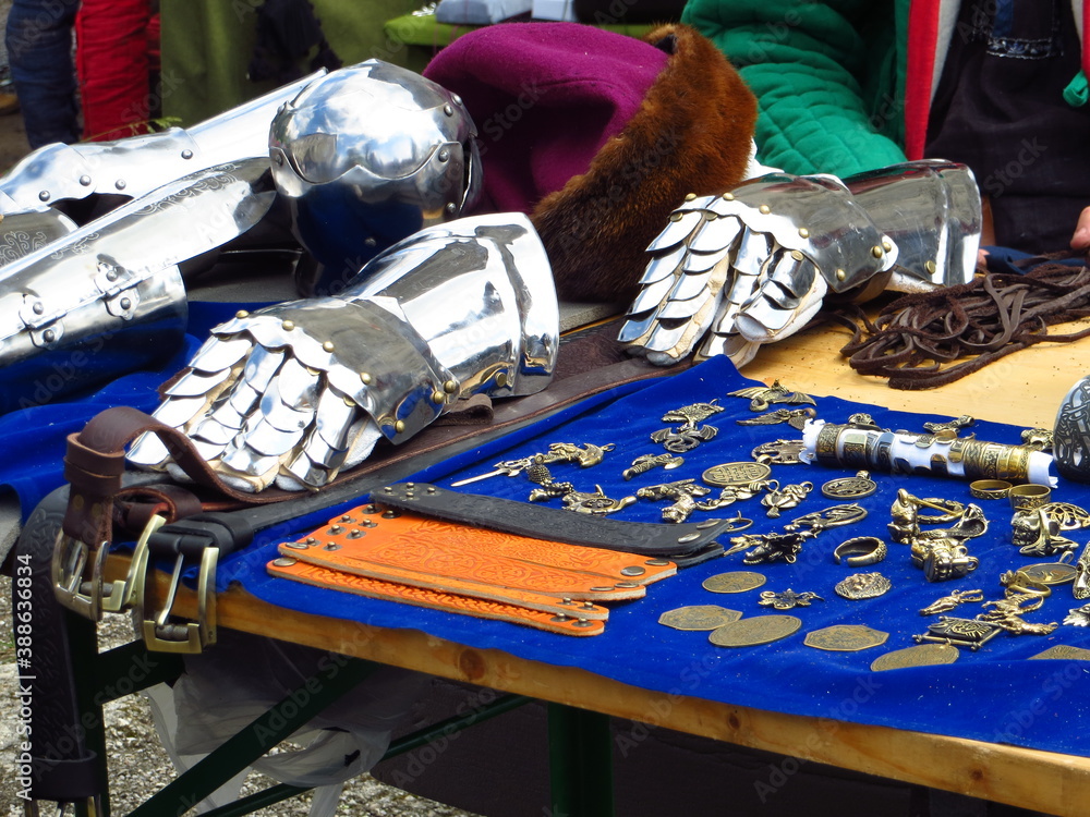 Knight's table of knight's armor at the festival of medieval European ...