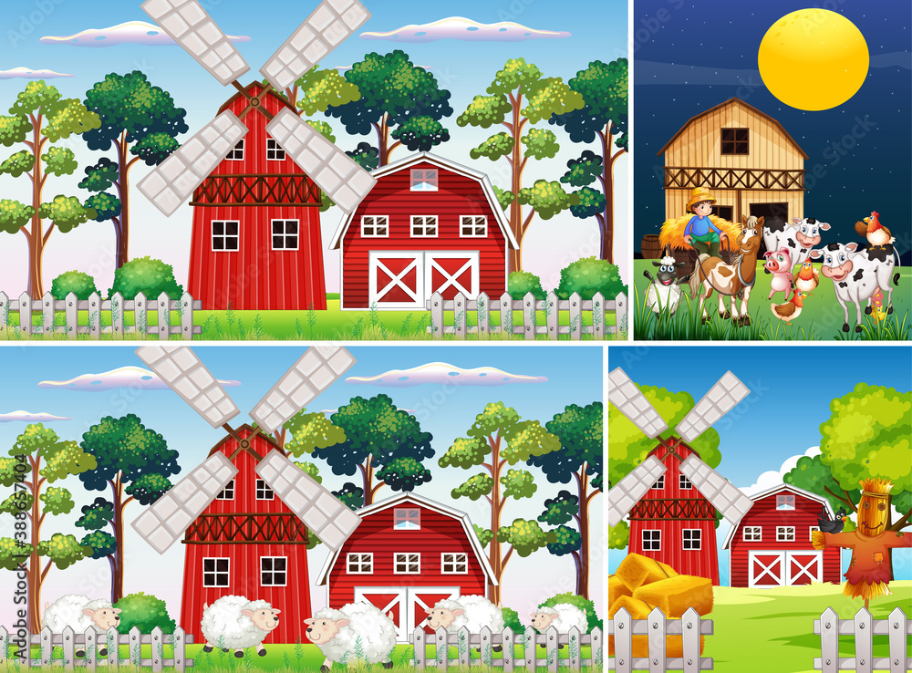 Set of different farm scenes with animal farm cartoon style Stock ...