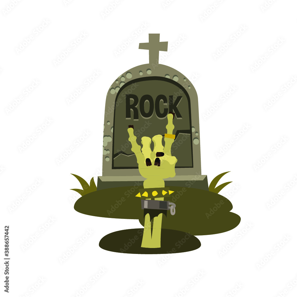 Rock is dead, bony hand shows a goat from the grave, cartoon flat style ...