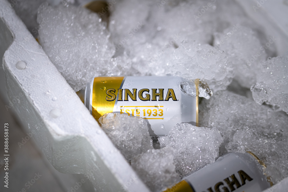 Bangkok / Thailand - November 2019 : Singha beer cans which is one of ...