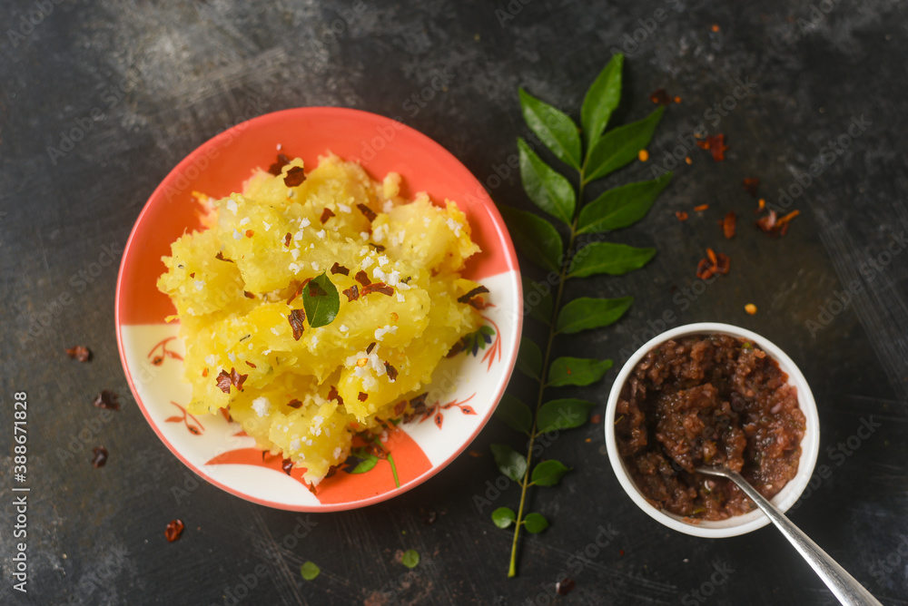 Cooked tapioca and spicy meat curry , Cassava root , Mandioca or Aipim ...