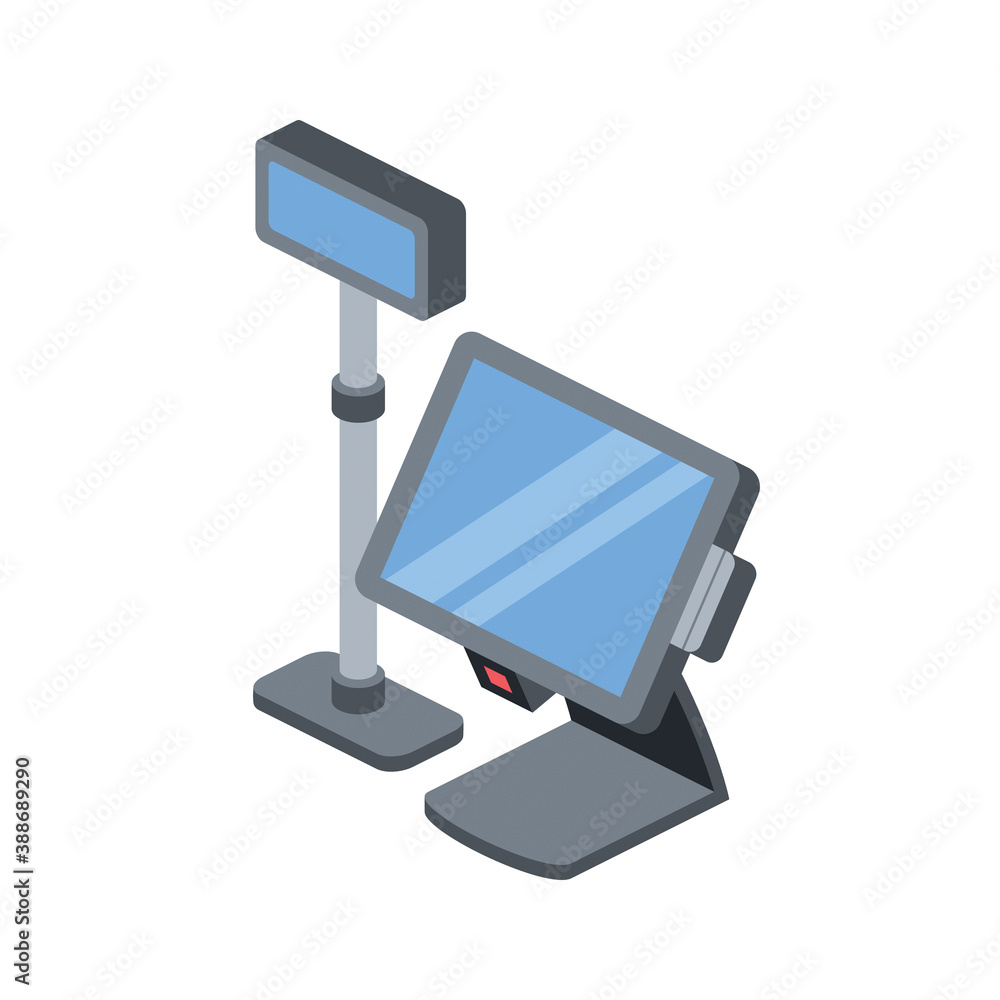 POS computers and peripherals. Vector 3d isometric, color web icons set ...