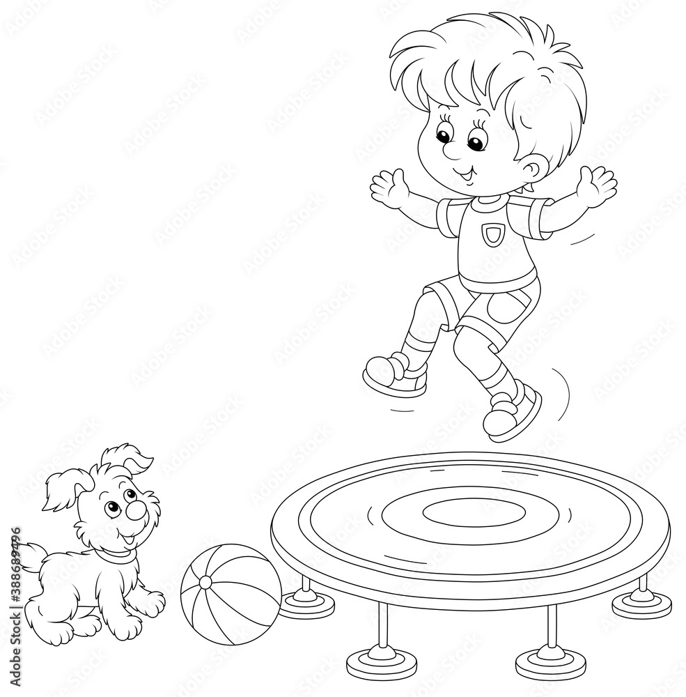 Cheerful little boy jumping on a toy trampoline on a playground, a ...