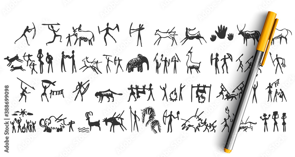 Stone age doodle set. Collection of pencil pen ink hand drawn sketches ...