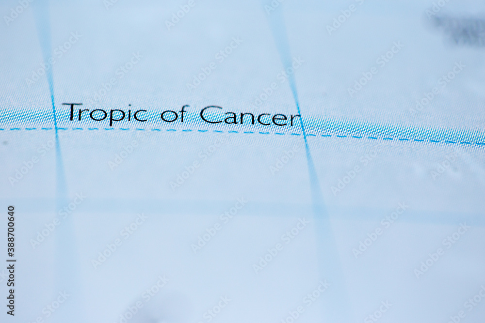 Shallow depth of field focus on geographical map location of Tropic of ...