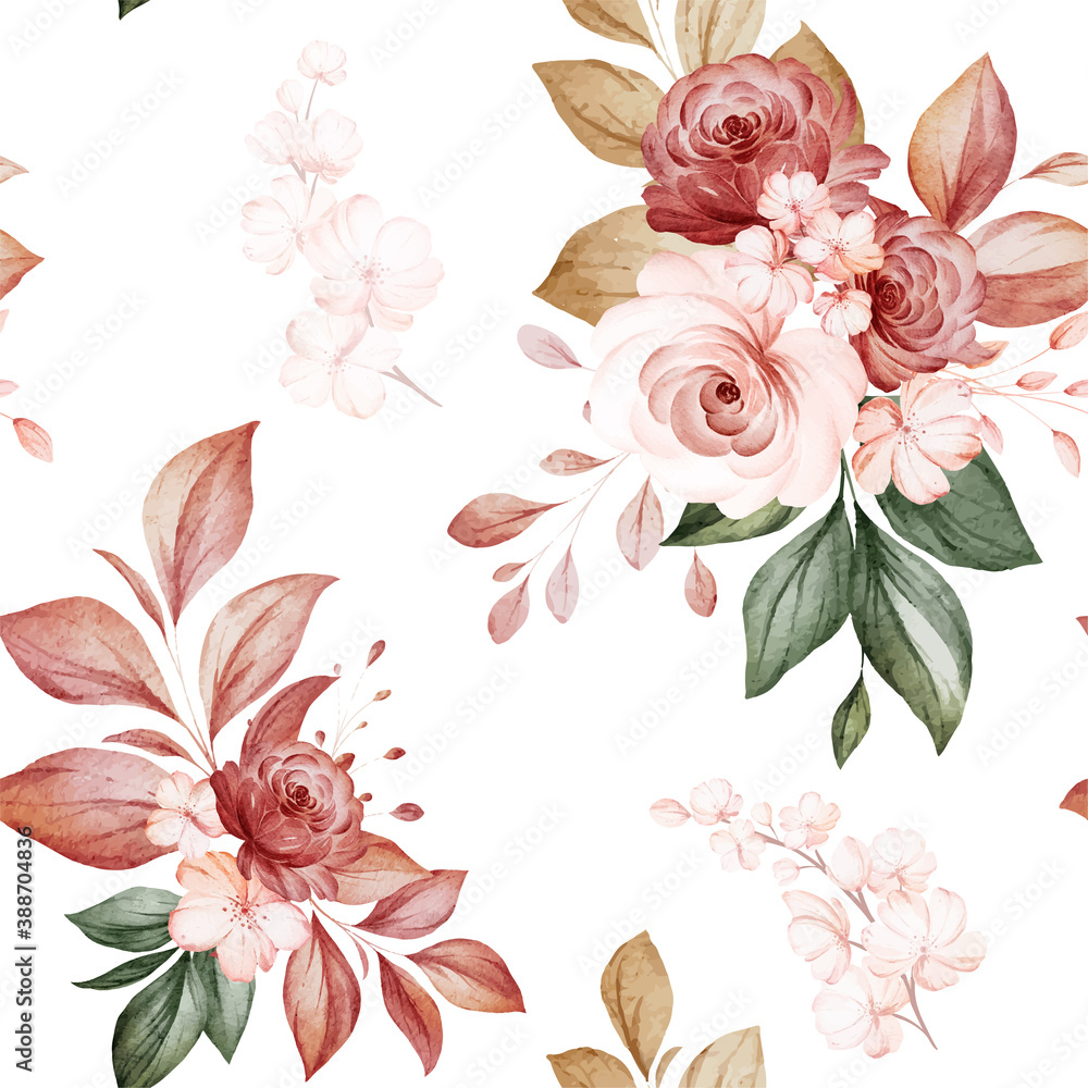 Floral seamless pattern of brown and peach watercolor roses and wild ...