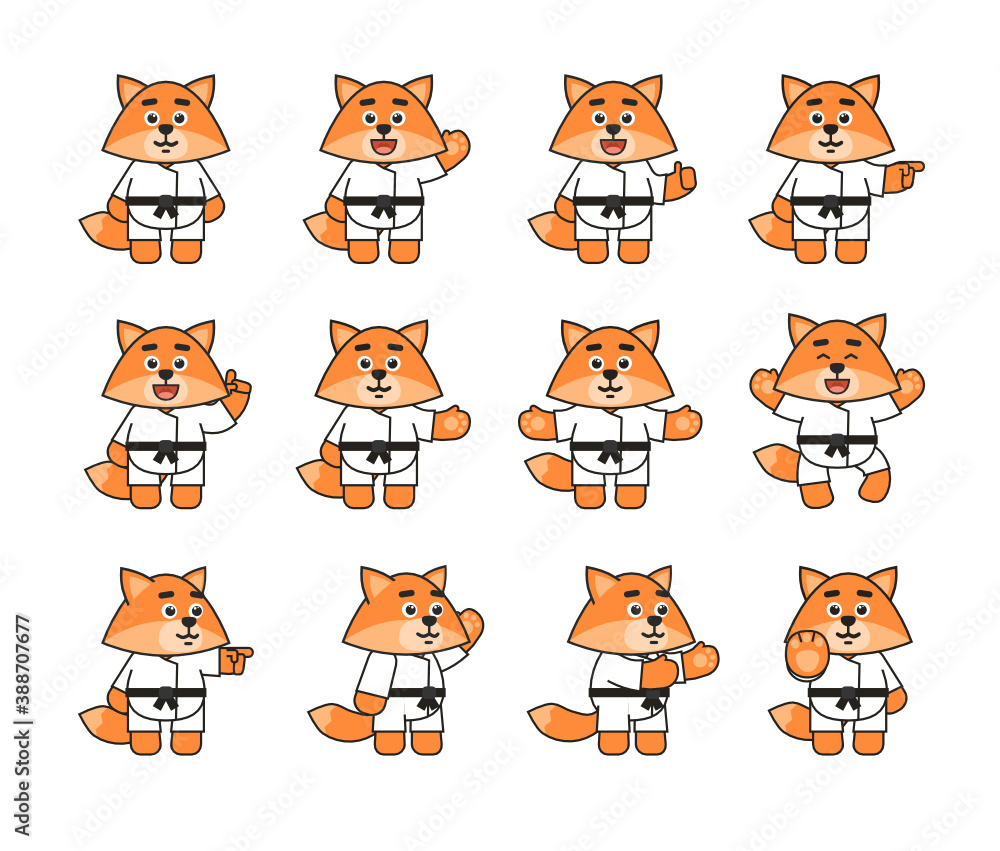 Vecteur Stock Set of karate fox characters showing various hand ...
