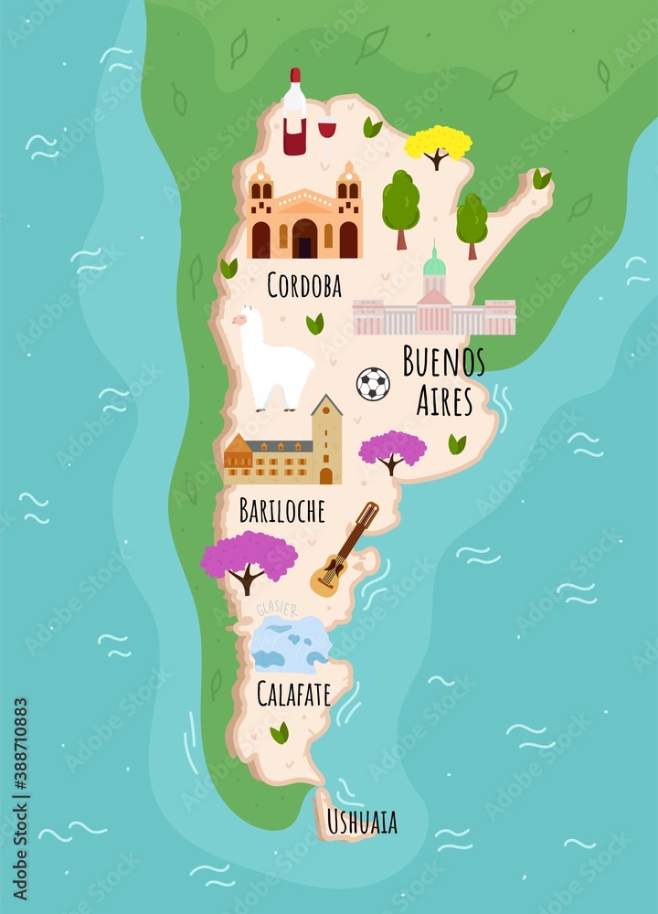 Cartoon map of Argentina. Travel illustration with South American ...