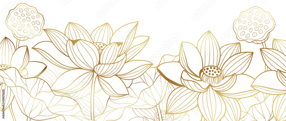 Golden lotus line arts on dark background, Luxury gold wallpaper design ...