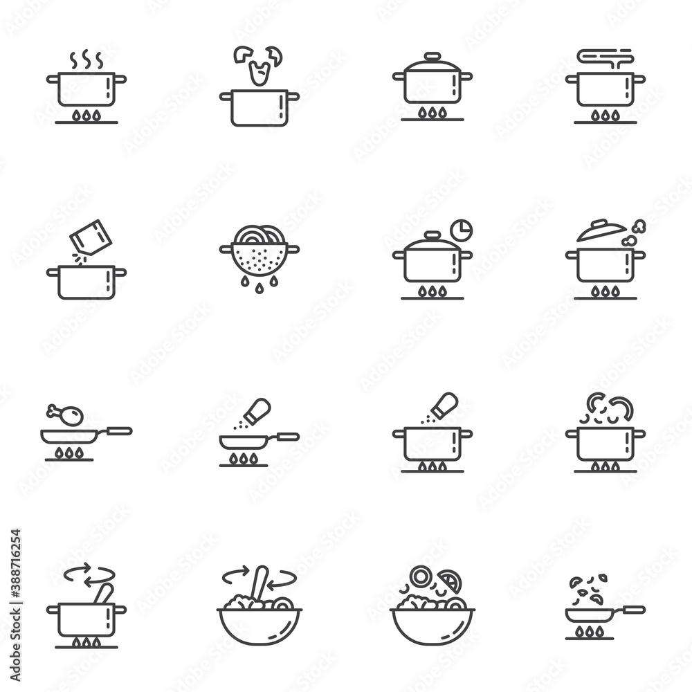 Cooking instruction line icons set, food preparation outline vector ...