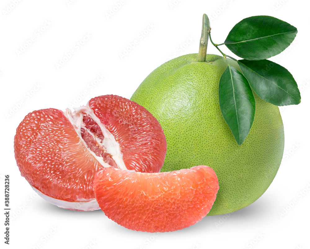 Red Pomelo citrus fruit with leaves on white background, Pomelo ...