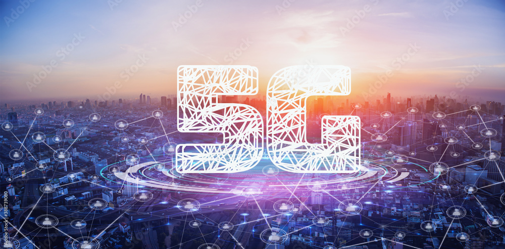 5G network wireless systems. 5G network digital hologram and internet ...