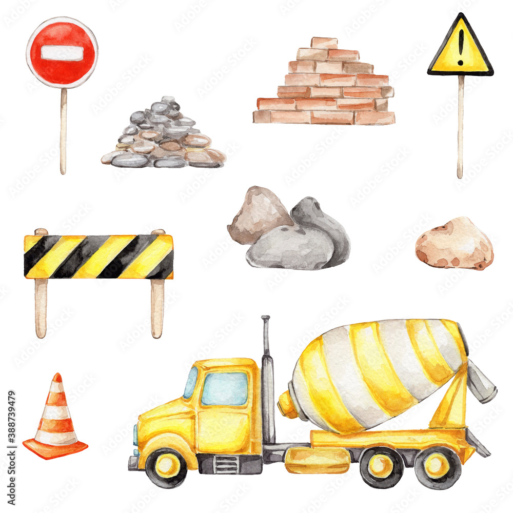 Concrete mixer, road signs, stones, bricks; watercolor hand draw ...