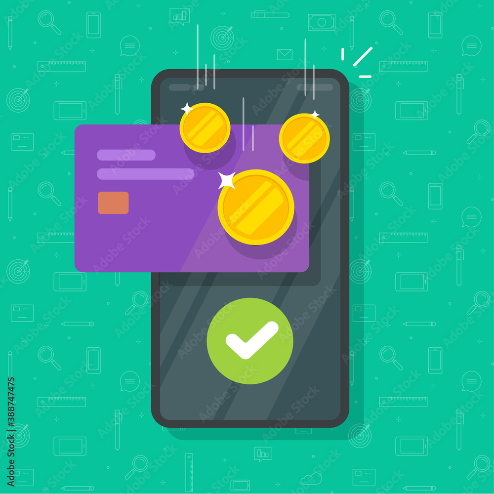 Money bonus reward on mobile phone screen on credit bank card vector ...