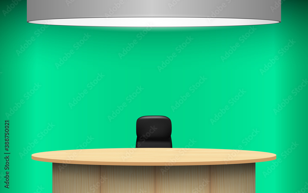 table and chair in news studio room with the green background Stock ...