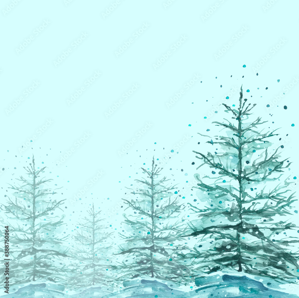 Watercolor art illustration. Drawing of the blue forest, pine tree ...