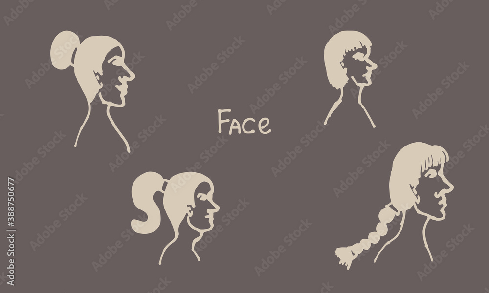 Half face silhouette. Vector hand drawn ink illustration. Collection of ...