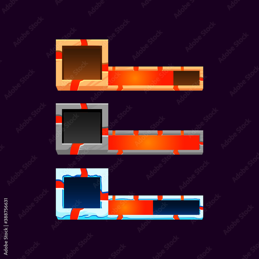 Set of gui wooden, stone, ice lava bar with border frame for game ui asset elements vector ...