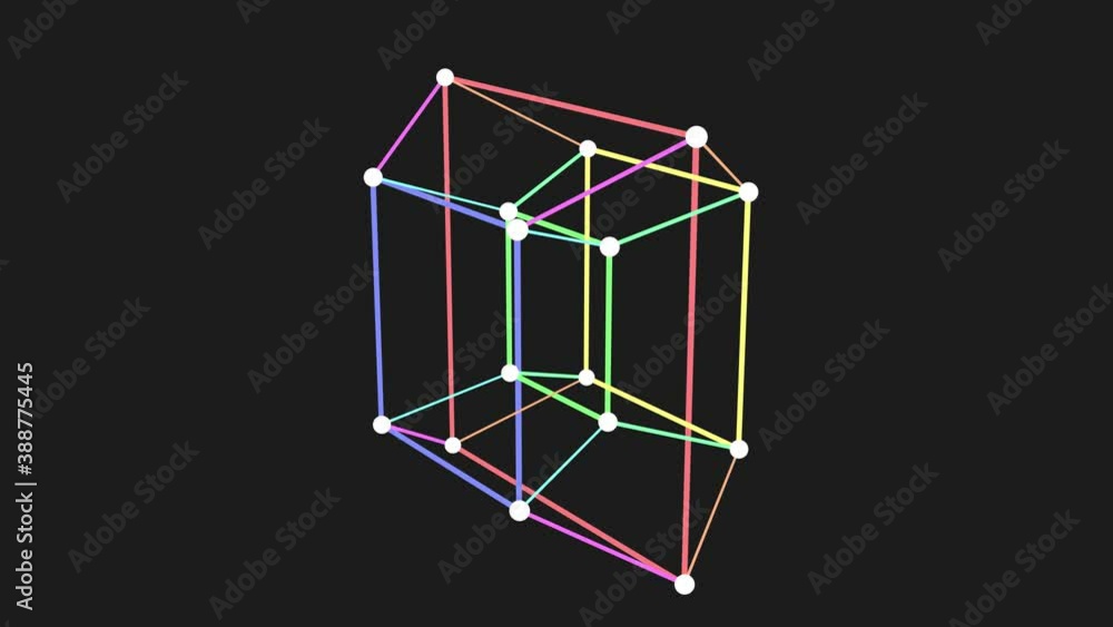 4 dimensional hypercube Tesseract rotating on black background. Looped ...