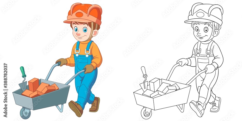 Coloring page with builder. Line art drawing for kids activity coloring ...