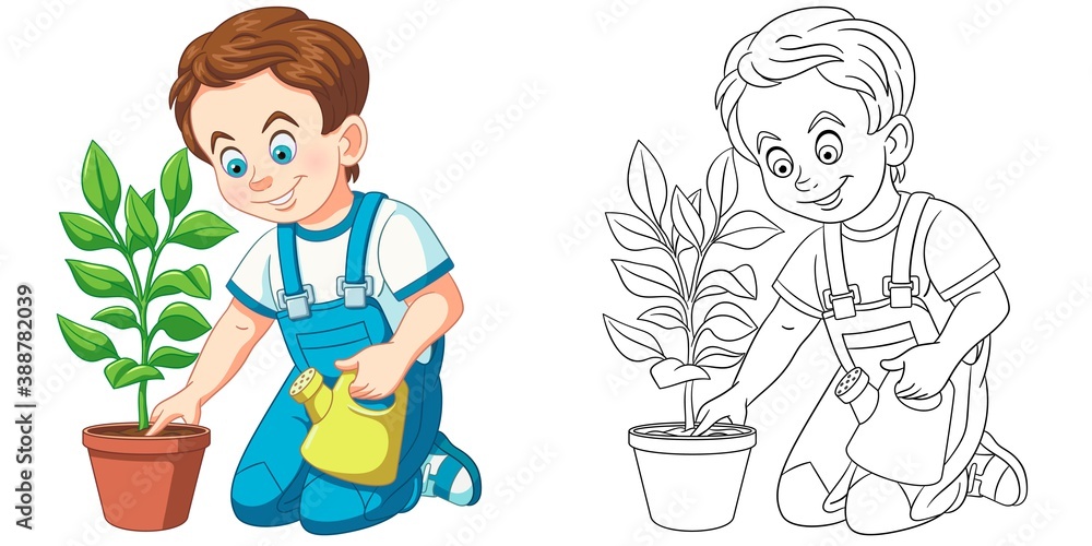 Coloring page with boy taking care of plant. Line art drawing for kids ...