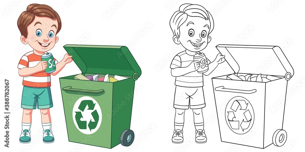 Coloring page with boy sorting garbage. Line art drawing for kids ...