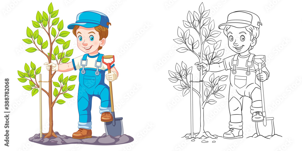Coloring page with boy growing tree. Line art drawing for kids activity ...