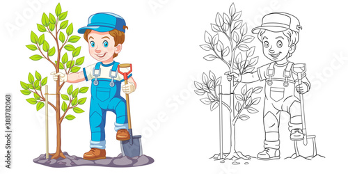 Coloring page with boy growing tree. Line art drawing for kids activity ...