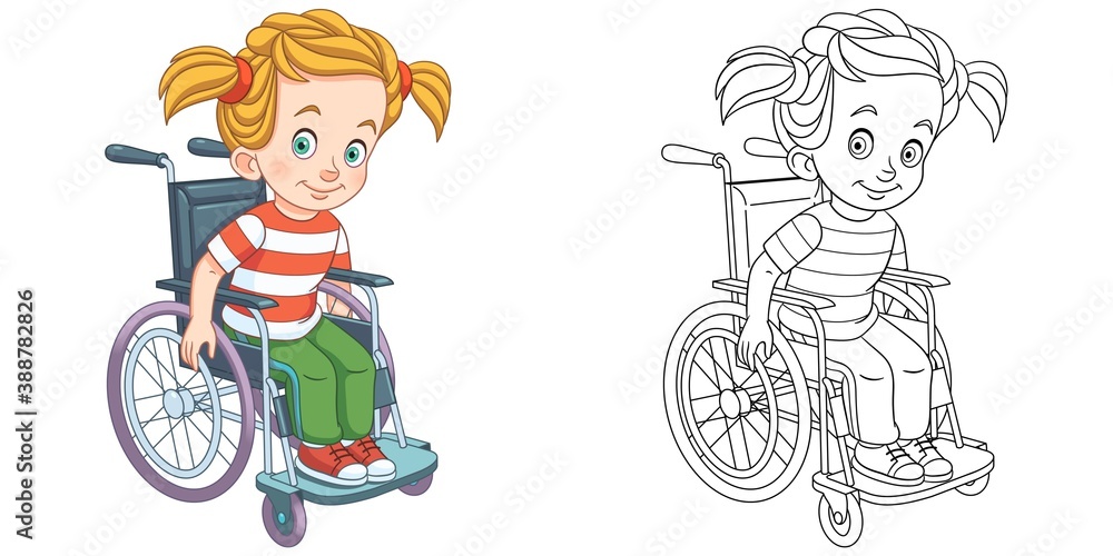 Coloring page with disabled girl on wheelchair. Line art drawing for ...