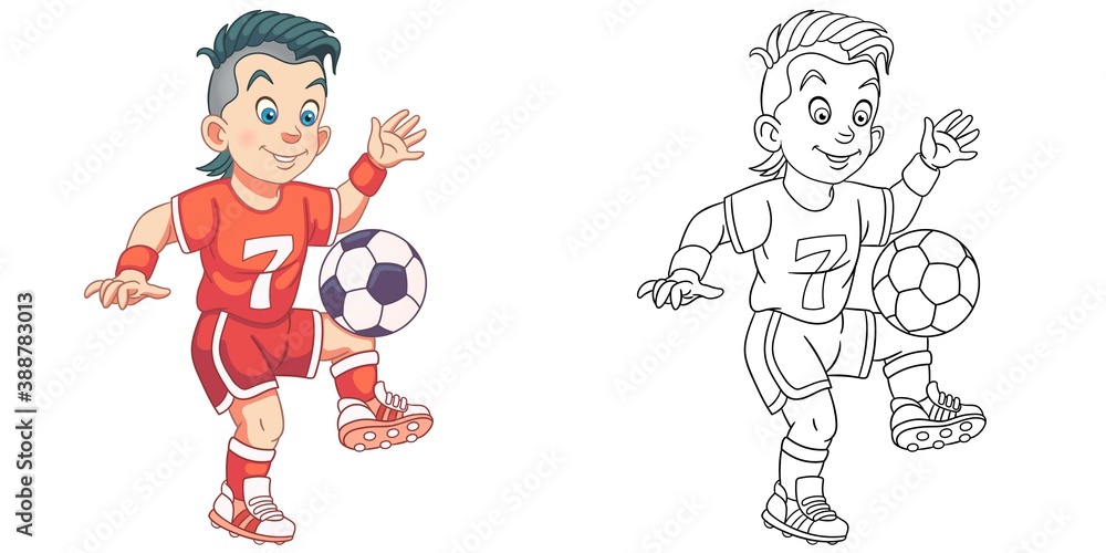 Coloring page with boy playing football. Line art drawing for kids ...