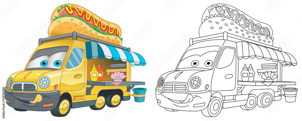 Coloring page with food truck. Line art drawing for kids activity ...