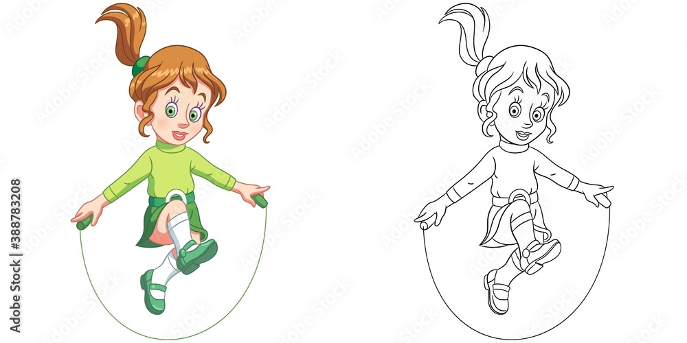 Coloring page with little girl jumping. Line art drawing for kids ...