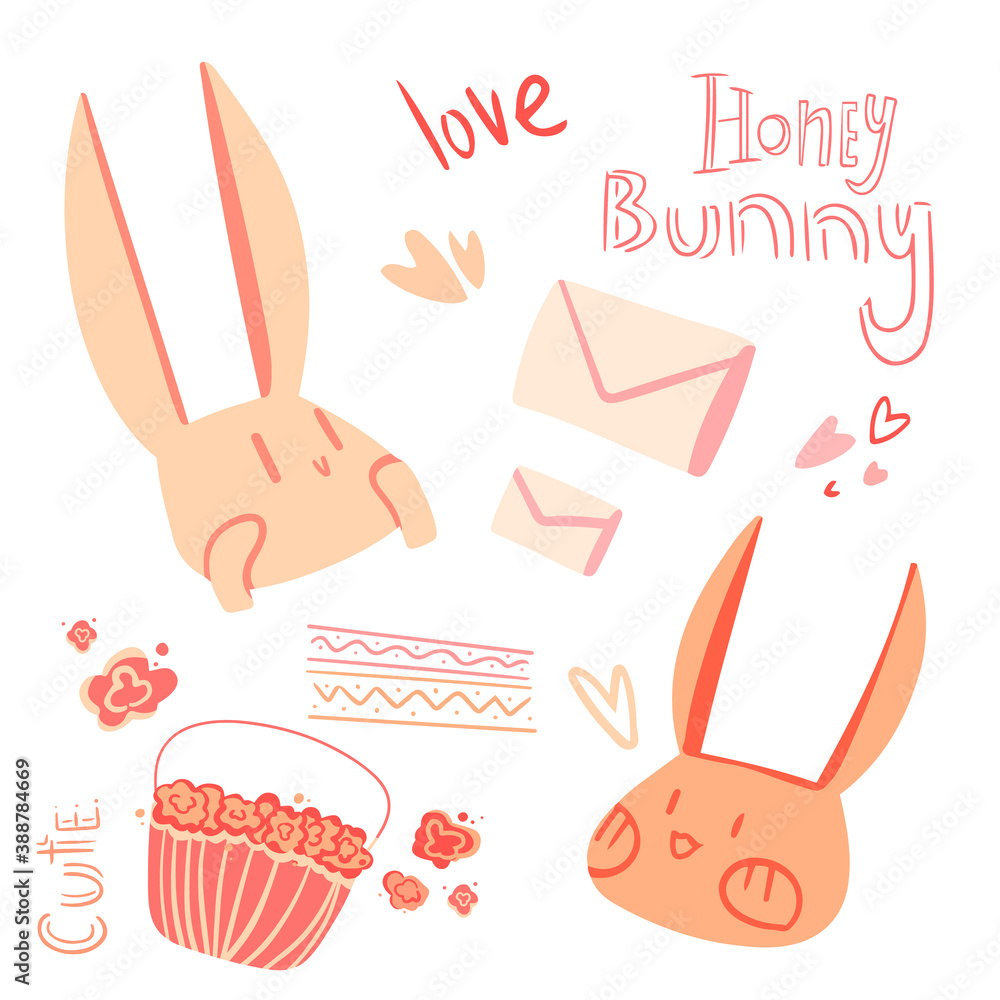 Couple of cute rabbits for Valentine's Day, lettering vector. Bunnies ...