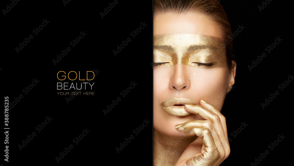 Gold skin woman. High fashion model girl with holiday shiny metallic ...