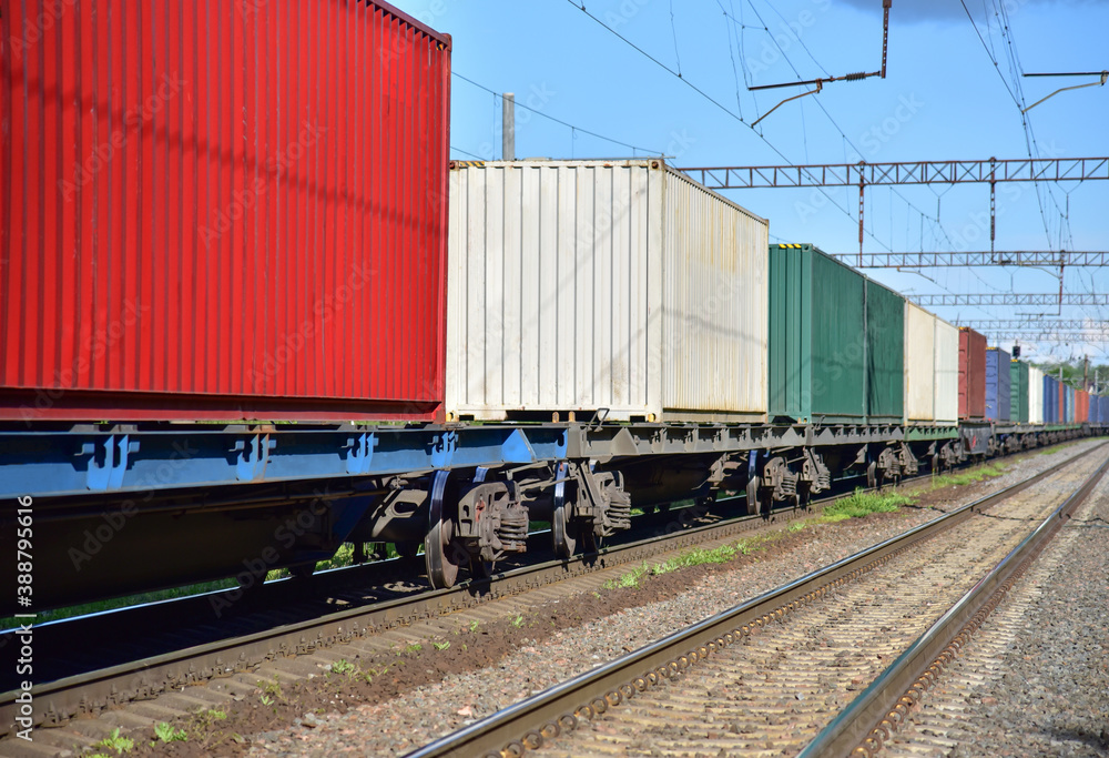 Cargo Containers Transportation On Freight Train By Railway. Intermodal ...