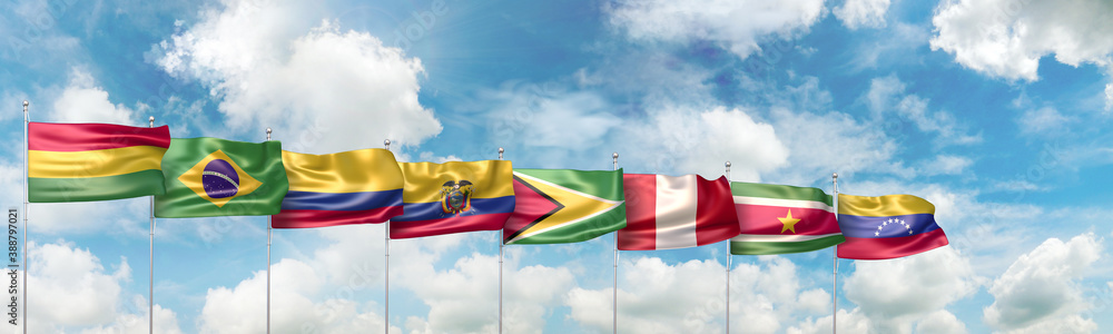 3D Illustration with national flags of the eight countries which are ...