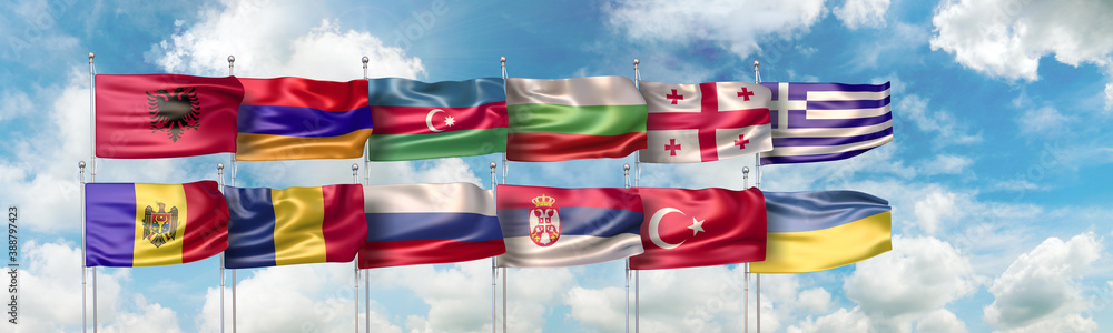 3D Illustration with national flags of the twelve countries which are ...